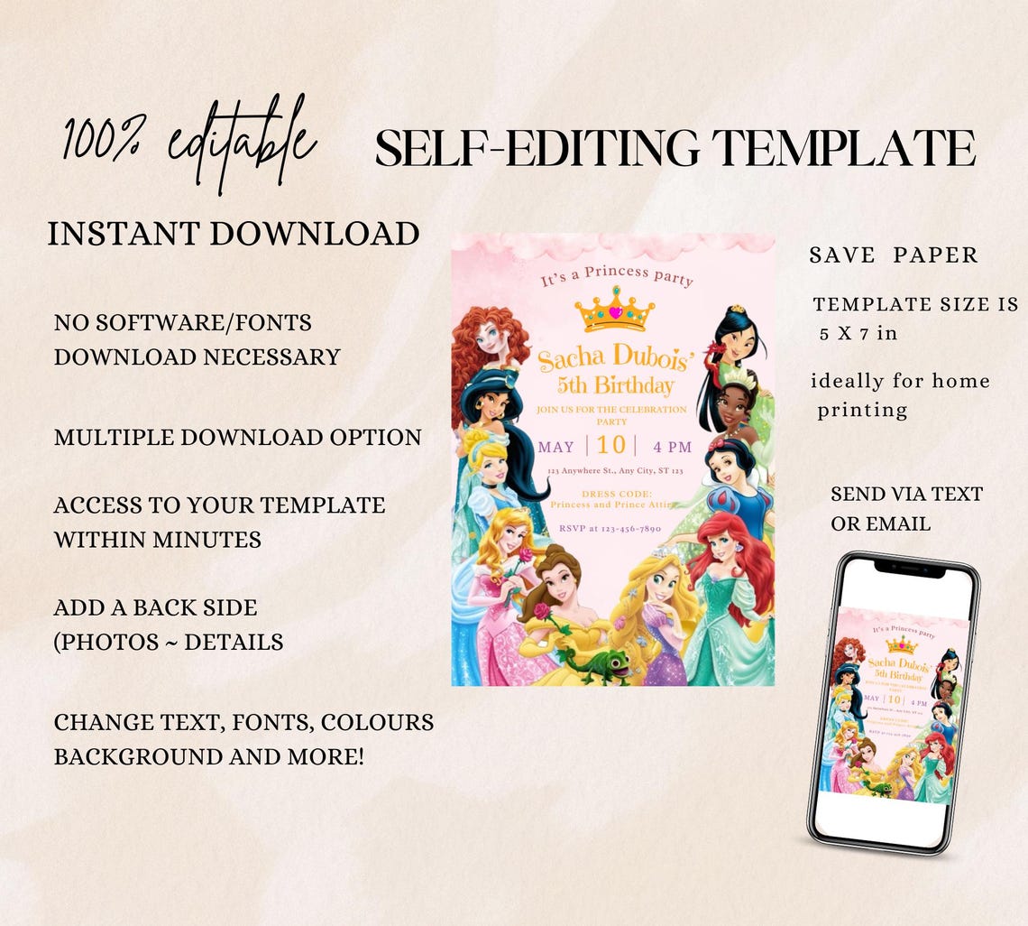 Princess Birthday Invitation Template Editable Printable Invite ...