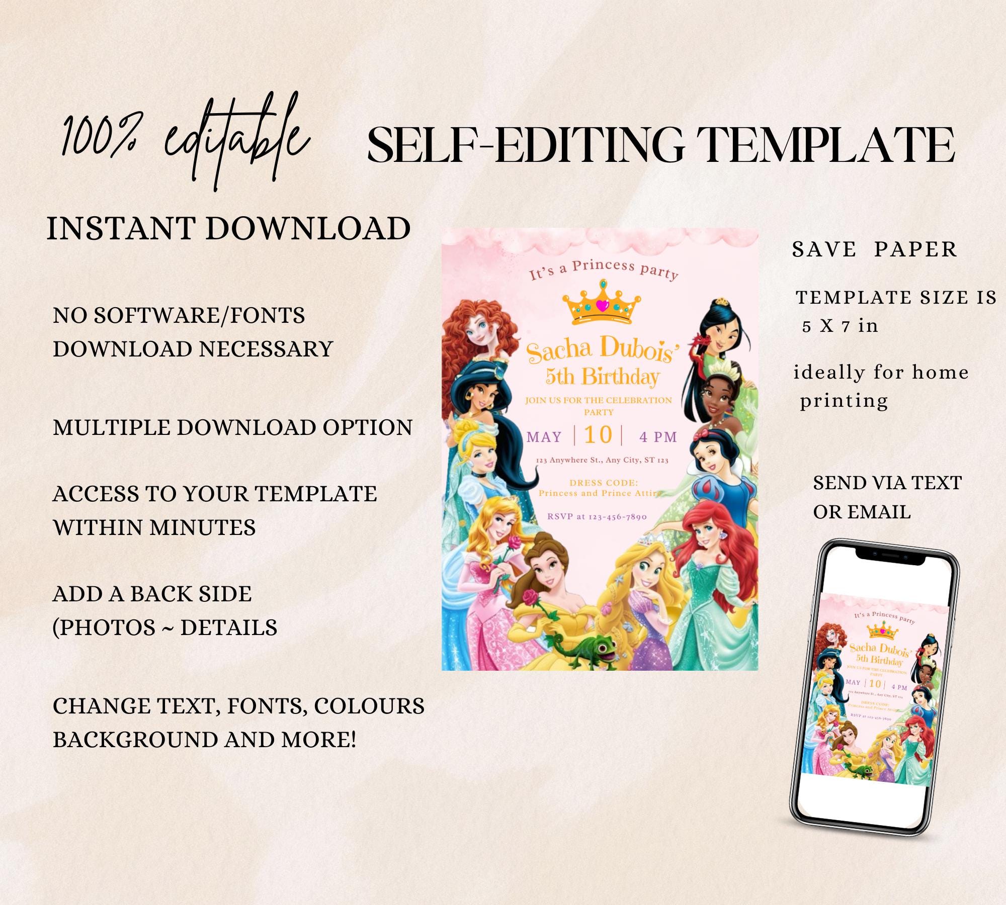 Princess Birthday Invitation Template Editable Printable Invite ...