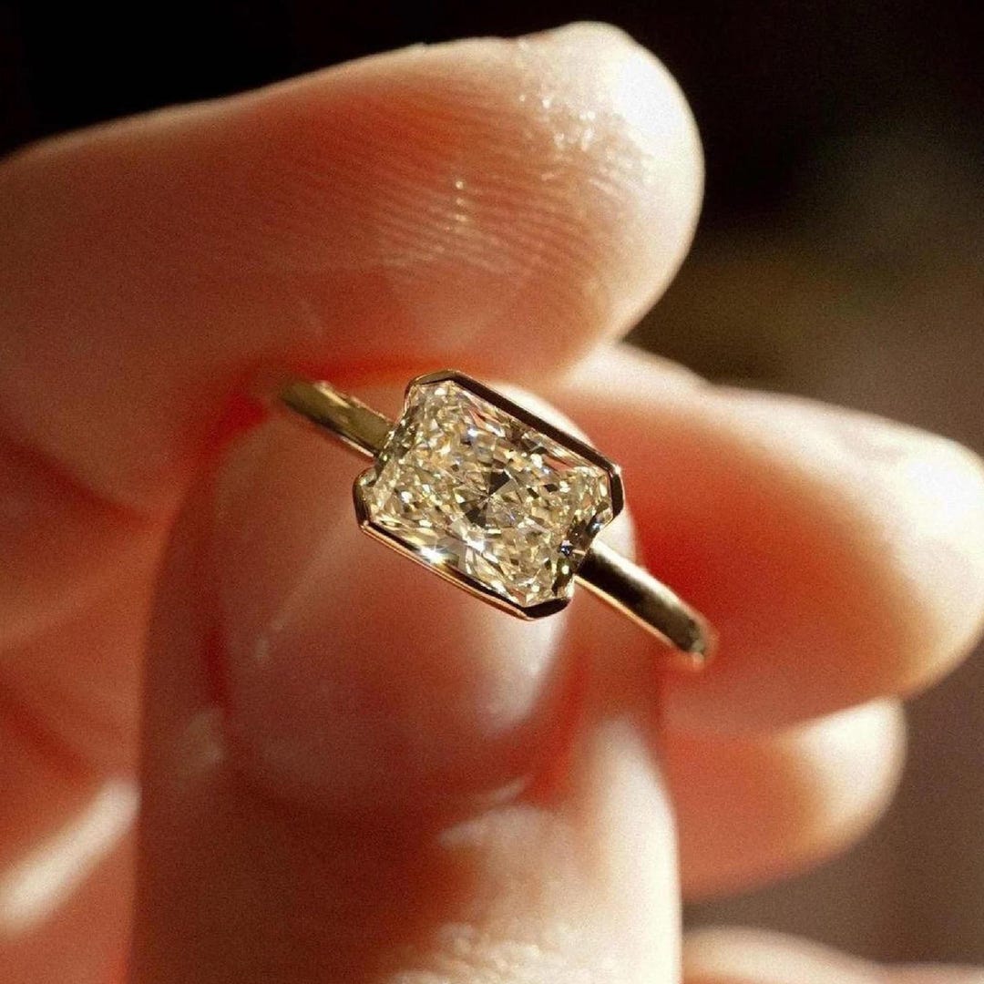 Bezel Set Radiant Cut Moissanite Engagement Ring, East West Radiant Cut ...