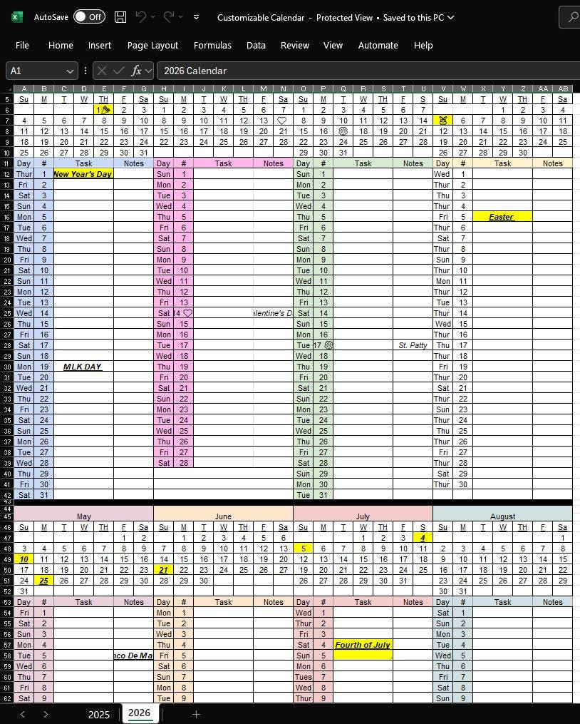 2025, 2026 Editable Spreadsheet Calendar | Digital Excel or Google ...