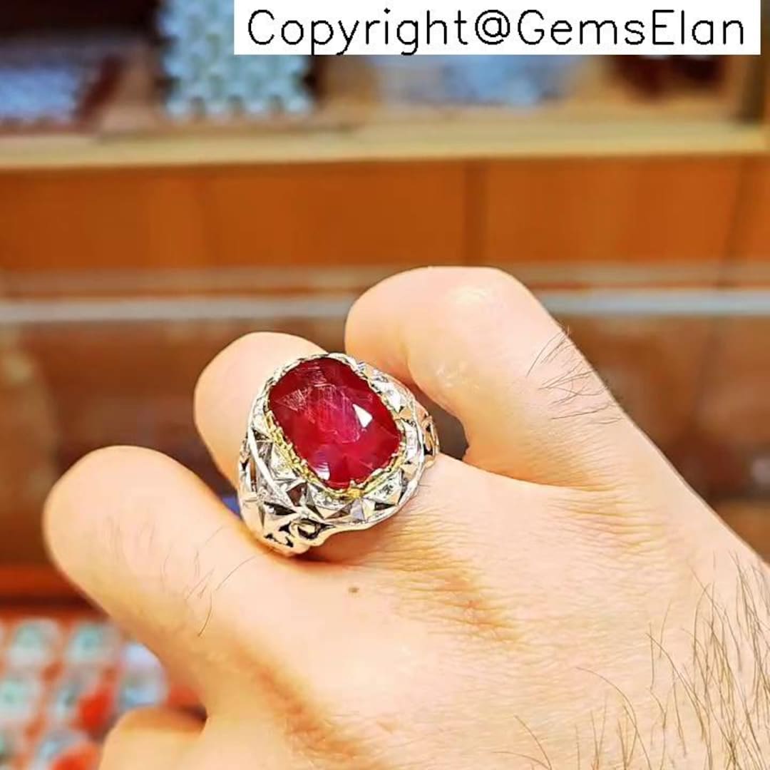Original Burmese Red Ruby Ring - Genuine Mens Red Ruby Gemstone Ring - Handcrafted Silver - July ...