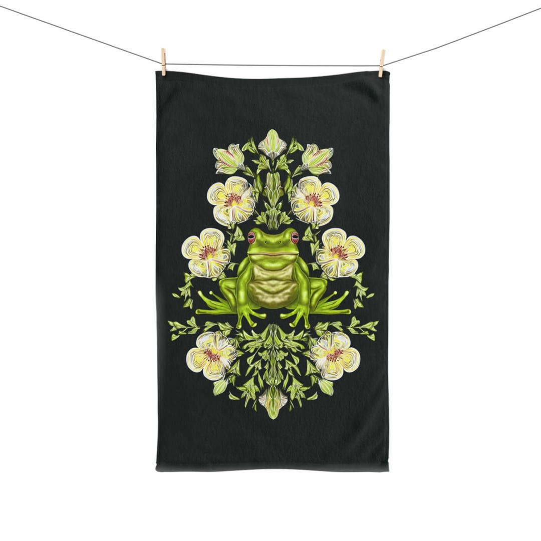 Green Frog Hand Towel, Frog and Flowers Art - Etsy