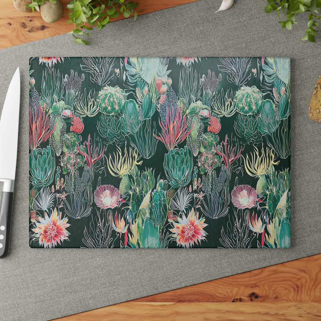 Green Cactus Glass Cutting Board Botanical Home Decor Non Slip Kitchen ...