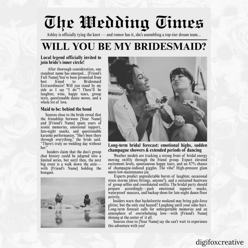 Wedding Newspaper, Bridesmaid Proposal Card, Editable Newspaper ...