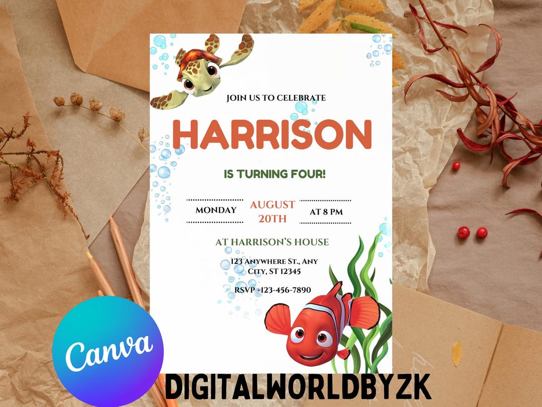 Editable Finding Nemo Birthday Invitation Template Digital Kids Party ...