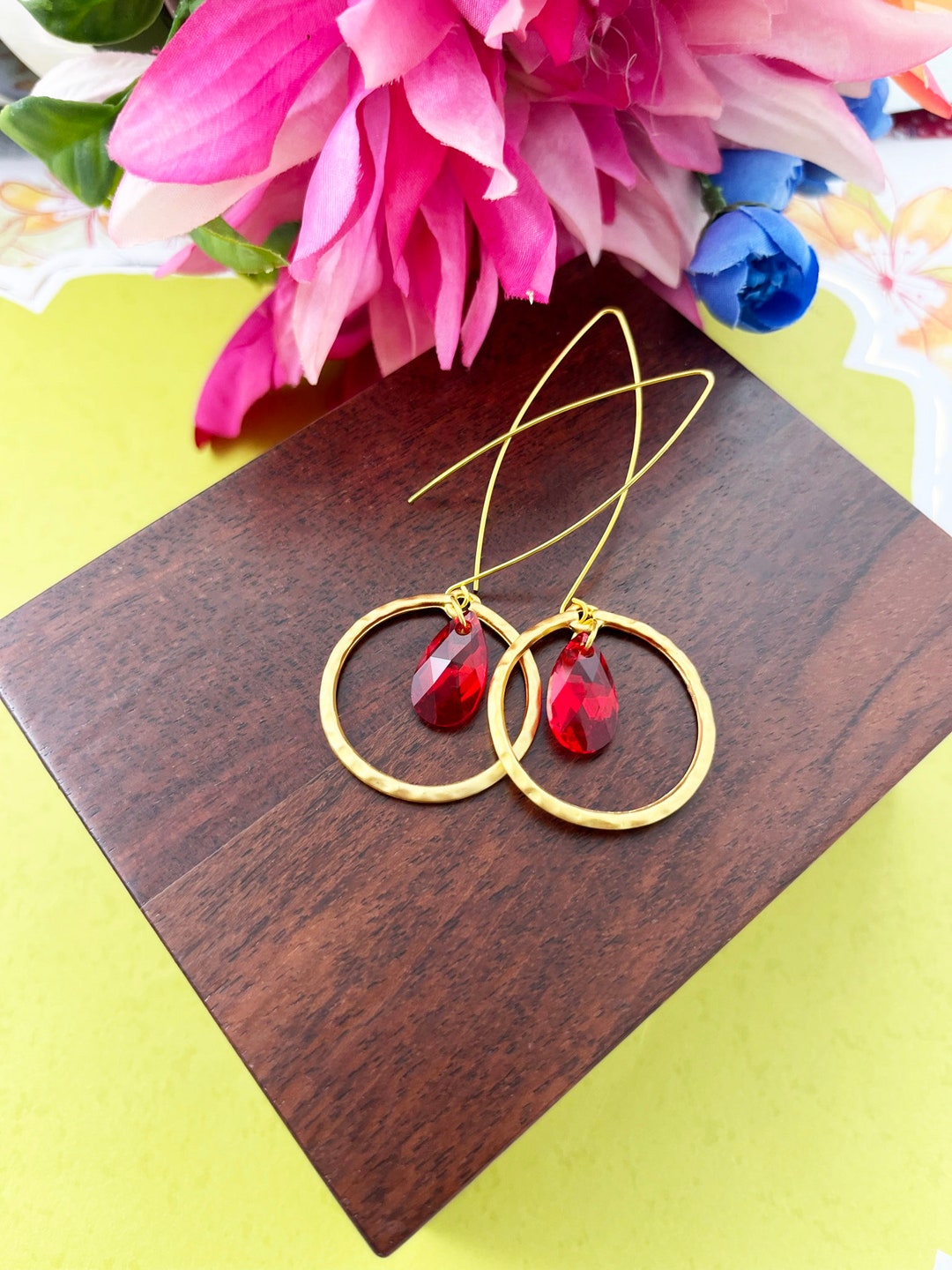 Gold Earrings Long Gold Earrings Gold Plate Earrings Red and Gold ...