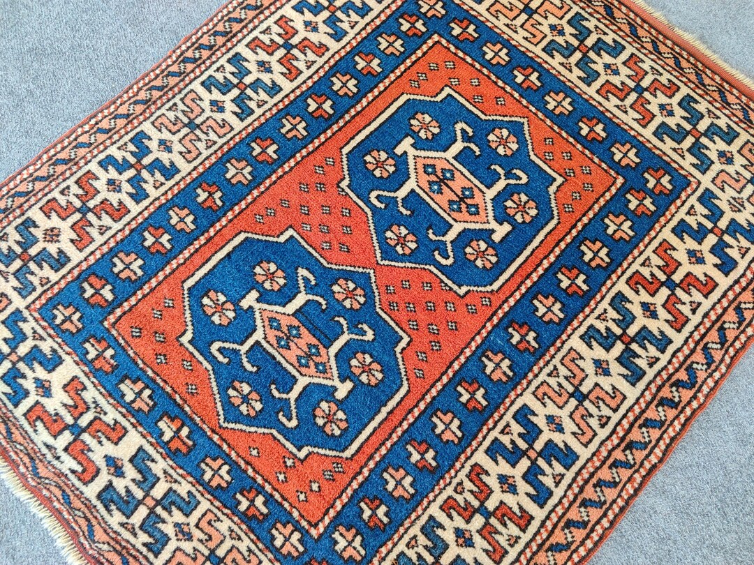 3x4 Turkish Bergama Rug Cute Colors, Orange Blue 3x4 Rug, Persian 3x4 ...