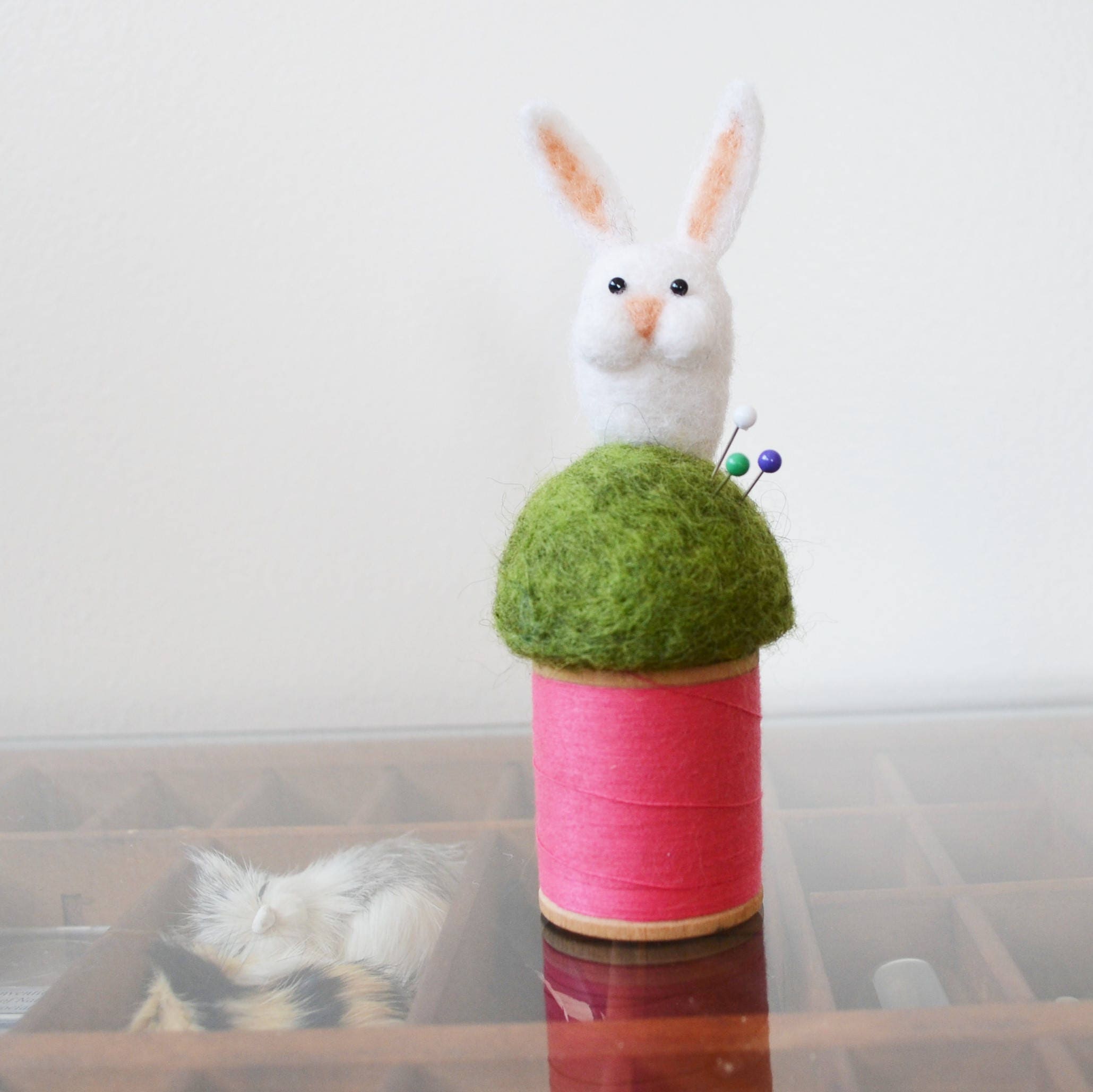 Tiny Bunny Pin Cushion on a Vintage Spool Needle Felted | Etsy