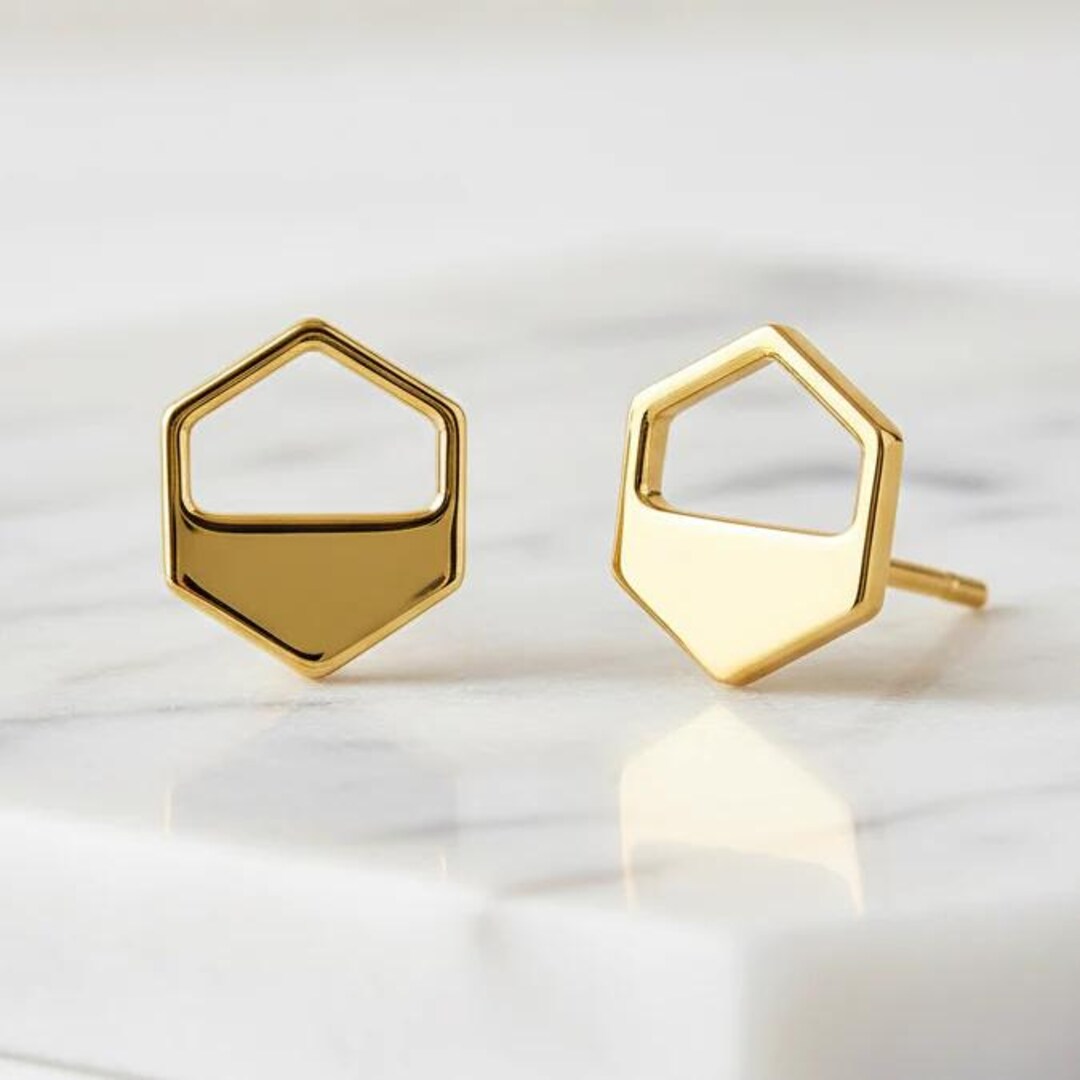 Gold Hexagon Cutout Stud Earrings - Minimalist Geometric Open Shape ...
