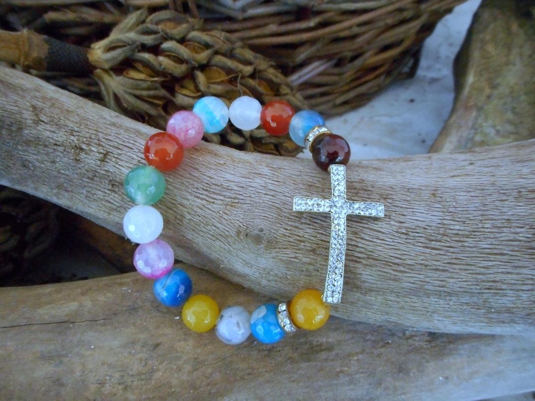 Rhinestone Sideways Cross & Gemstone Beaded Bracelet. Carnelian, Blue ...