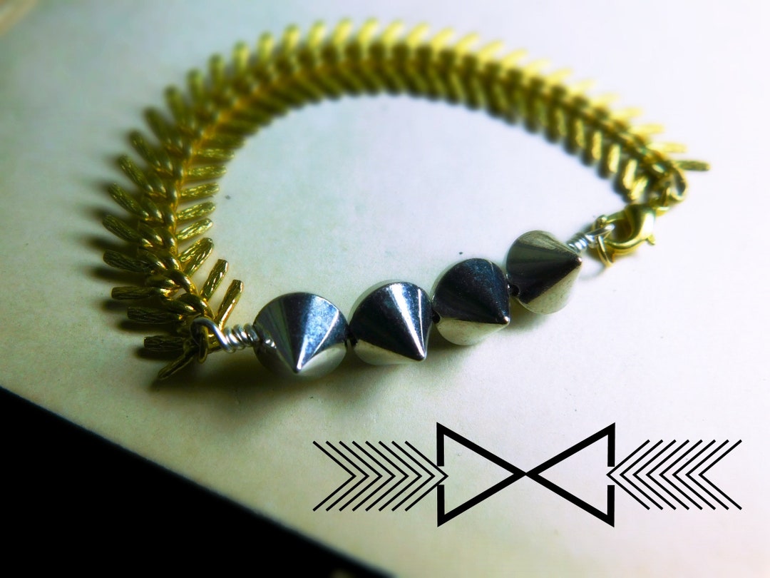 Spikey Spikes Grunge Biker Bracelet. Unisex Silver Spikes & Golden ...