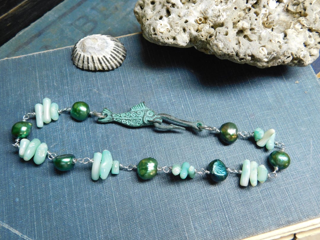 Amphitrite : Sea Goddess Anklet. Blue Coral, Kelly Green Potato Genuine Pearls, Mykonos ...