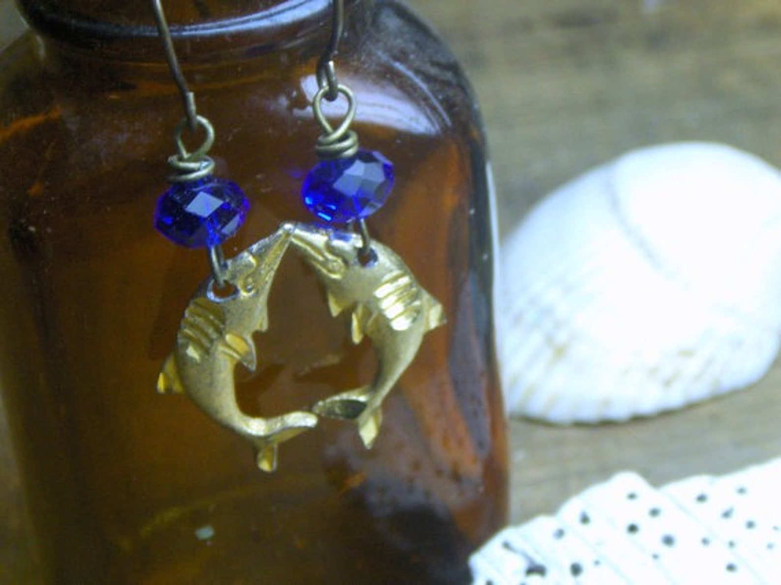 The Delphic Blue Earrings. Brass Dolphins and Royal Blue Czech Glass ...