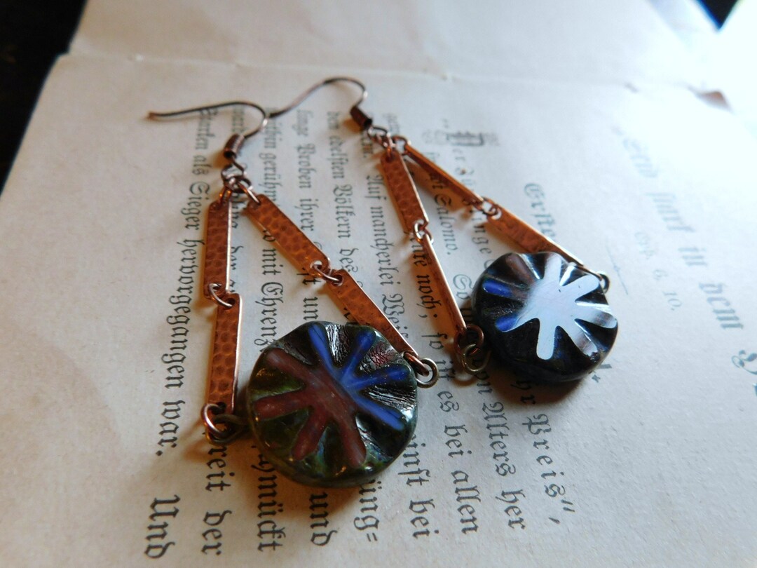 Waterwheel. Cobalt Blue & Rust Red Boho Carved Glass Coin Bead and ...