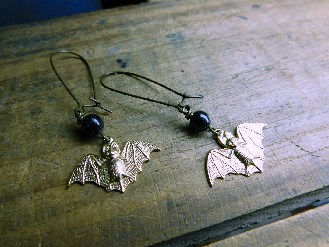Bats in the Belfry. Mini Brass Bats and Ash Black Hypersthene Earrings ...