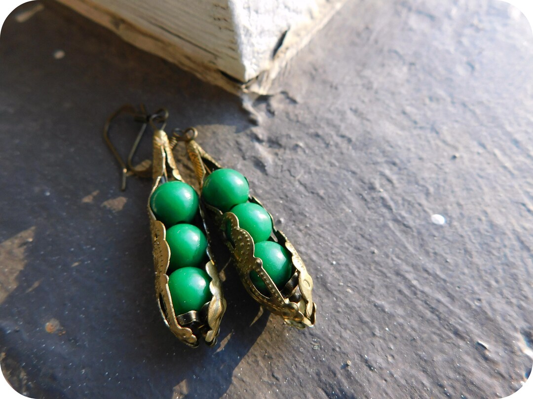 Three Peas in A Pod Earrings Rustic Victorian Filigree Bead Cap Pea ...