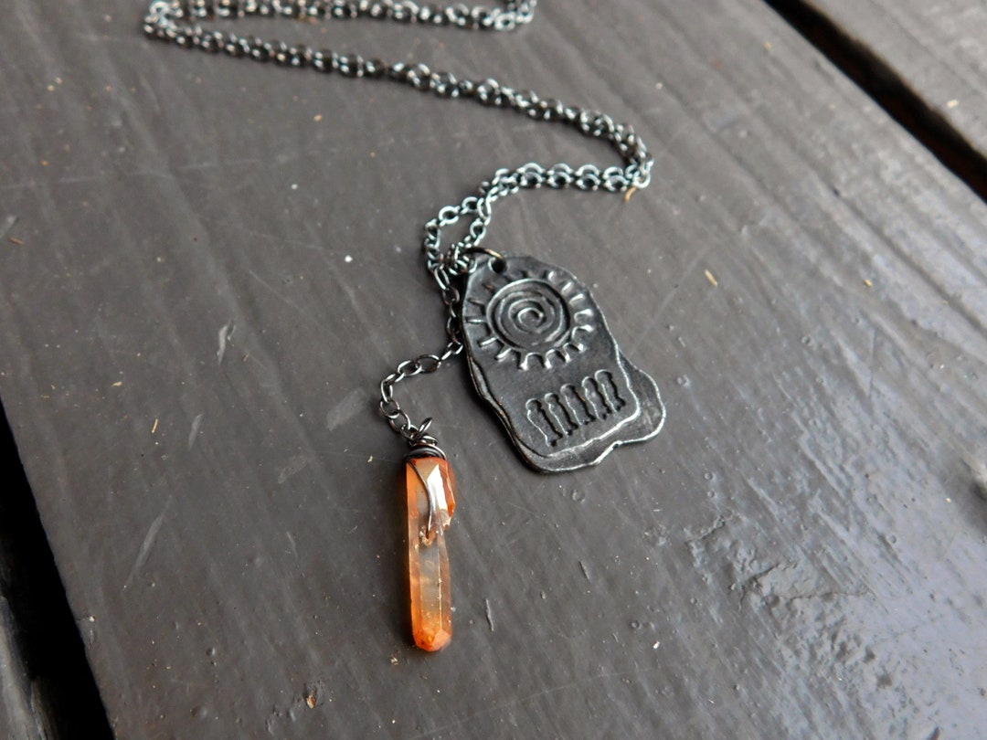 Soleil. Pewter Viking Sun Symbol Pentant & Peach-orange Rough Raw ...