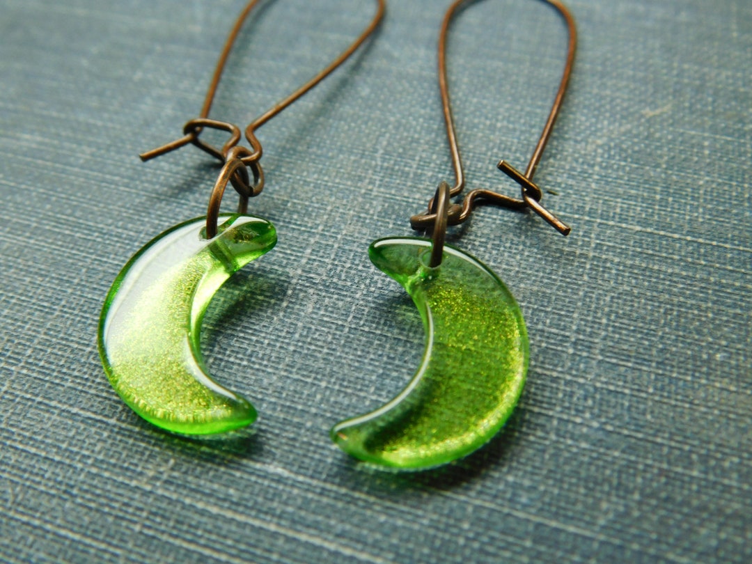Lichen Moon. Small Sparkly Lime Green Glass Crescent Moons & Antiqued ...