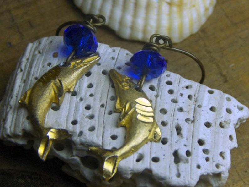 The Delphic Blue Earrings. Brass Dolphins and Royal Blue Czech Glass ...