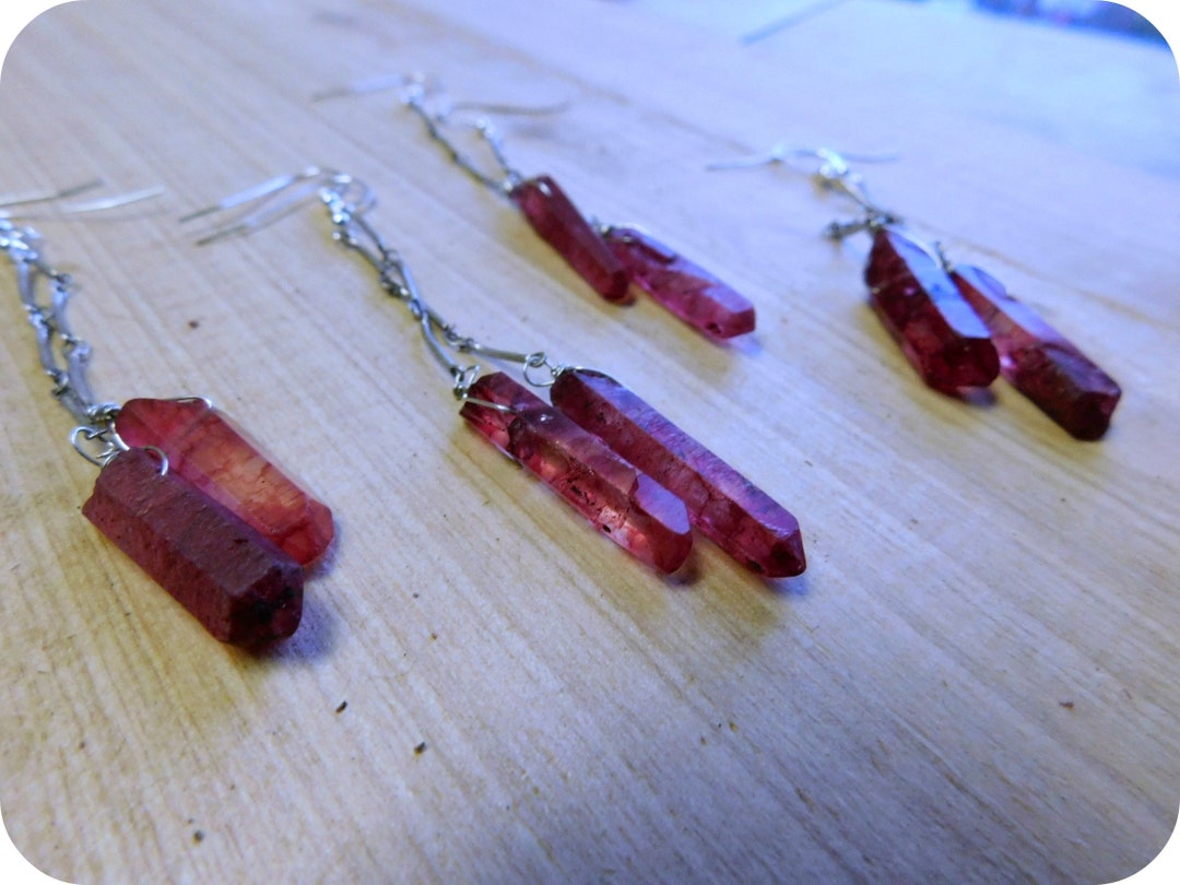 Alien Blood. Red Crystal Earrings, Luminous Rough Raw Red Aura Quartz ...