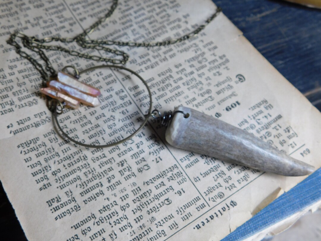 Bonfires in the Forest. Peach Quartz & Rustic Deer Antler Halo Necklace ...