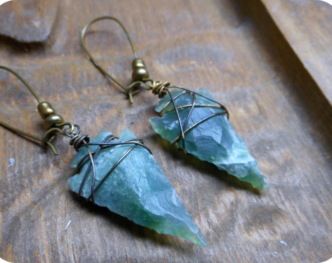 The Lancer Earrings. Green Stone Arrowhead Golden Seed Bead & - Etsy