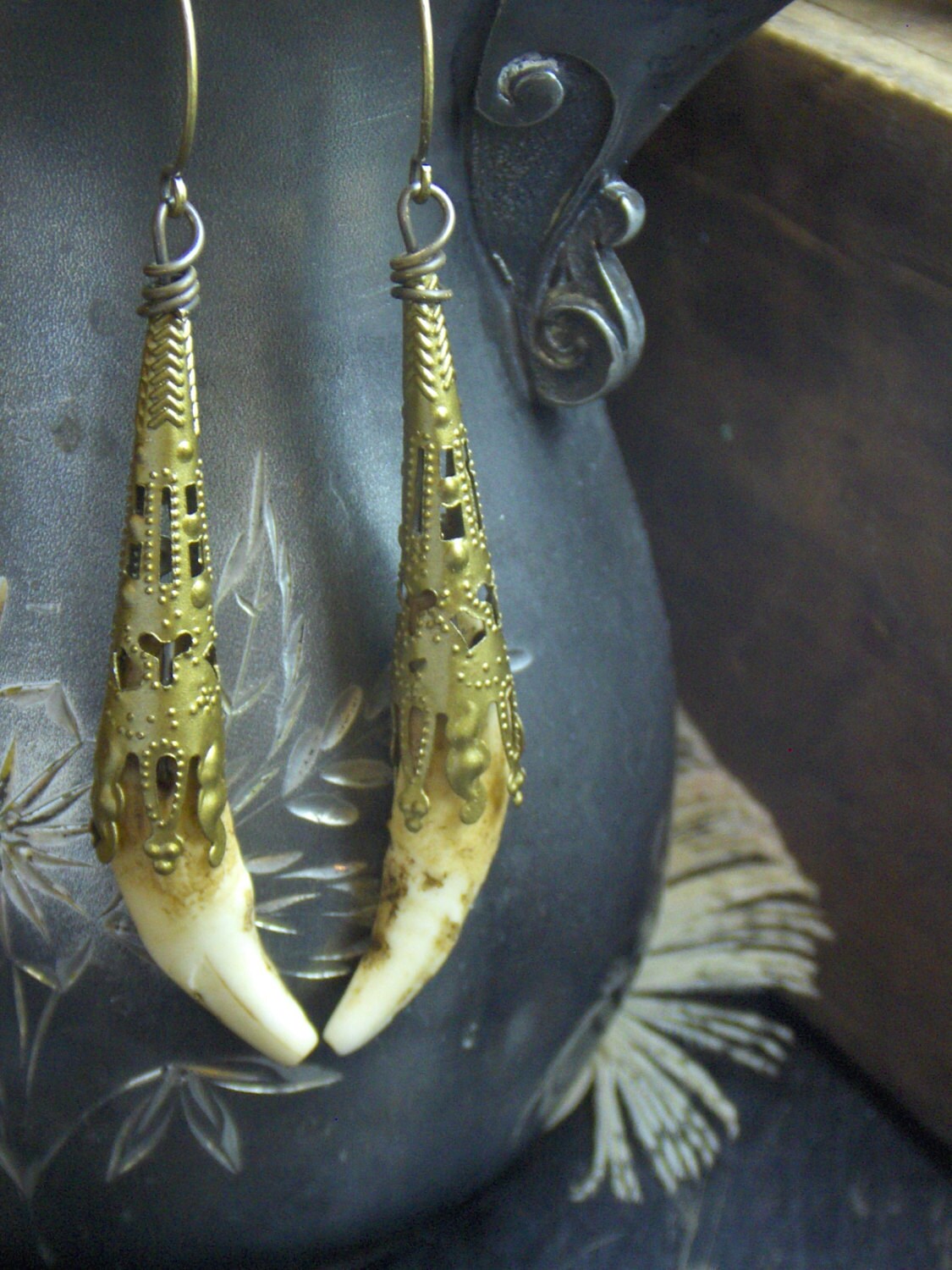 Crave. Genuine Coyote Teeth Fangs in Brass Victorian Filigree | Etsy