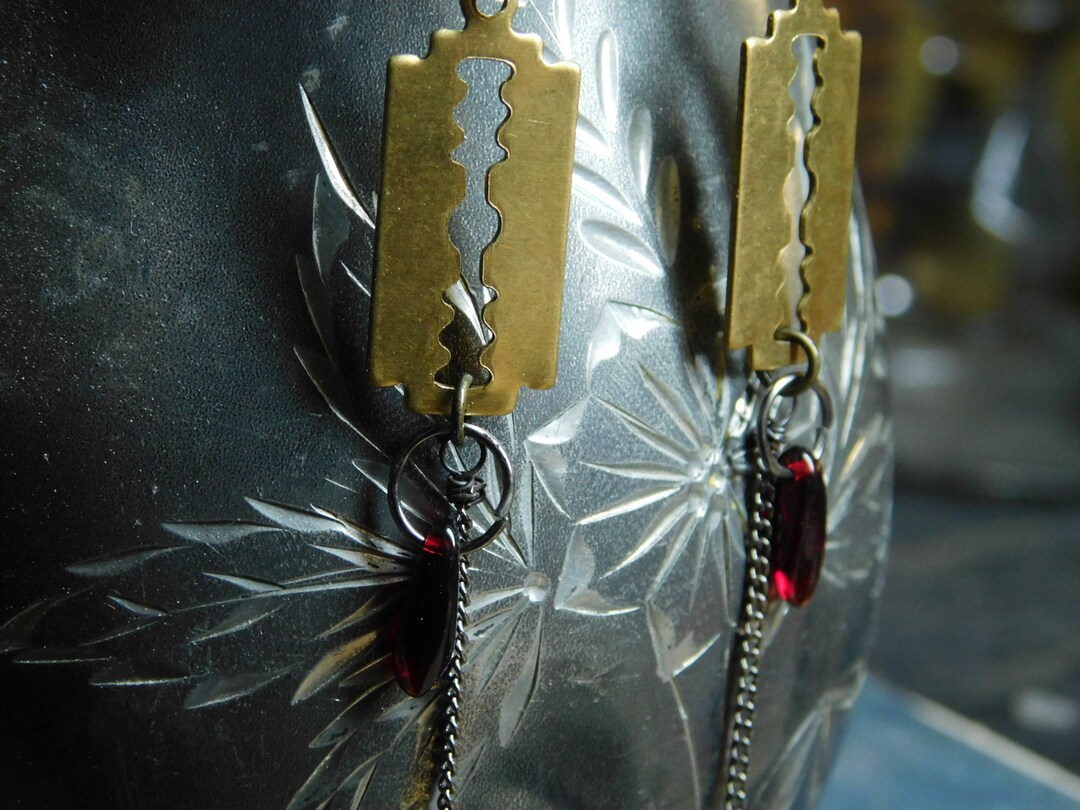 Sharps . Rustic Brass Razor Blade and Blood Red Glass Macabre Earrings ...