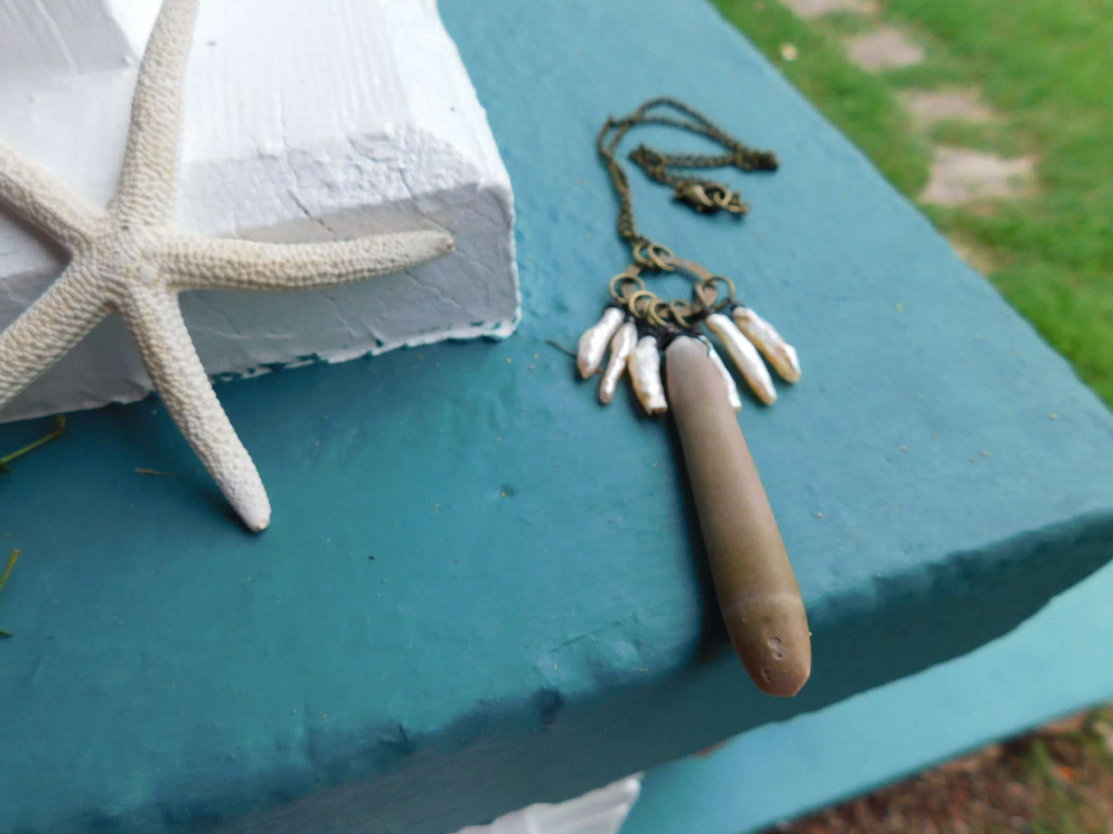 Sea Hag. Peach Biwa Stick Pearls and Genuine Large Sea Urchin Spine ...