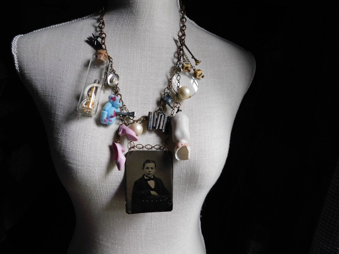 Vincent. Macabre Statement Necklace. Upcycled Trinkets, Pocketknife, Bones, Tintype Photo ...