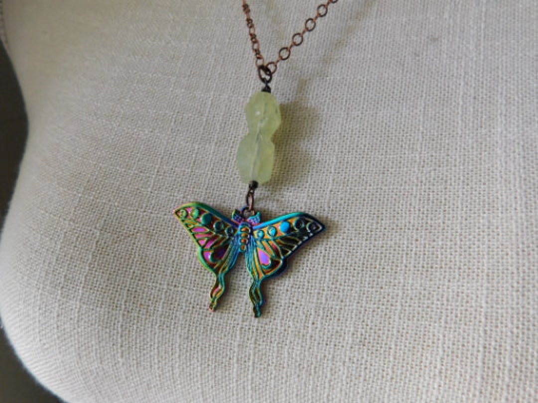 Darling Luna. Metalic Luna Moth Pendant & Green Prehnite Chunky Nugget ...