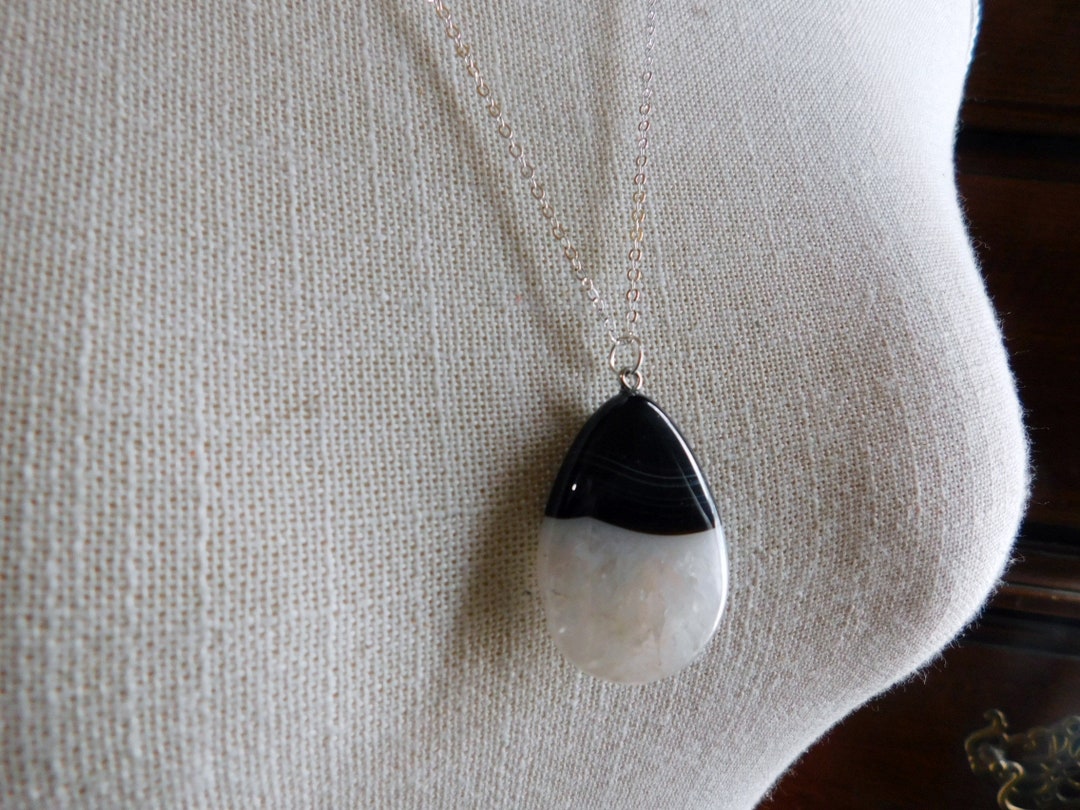 Thundersnow. Black Banded & Snowflake Agate Teardrop Pendant on Silver ...