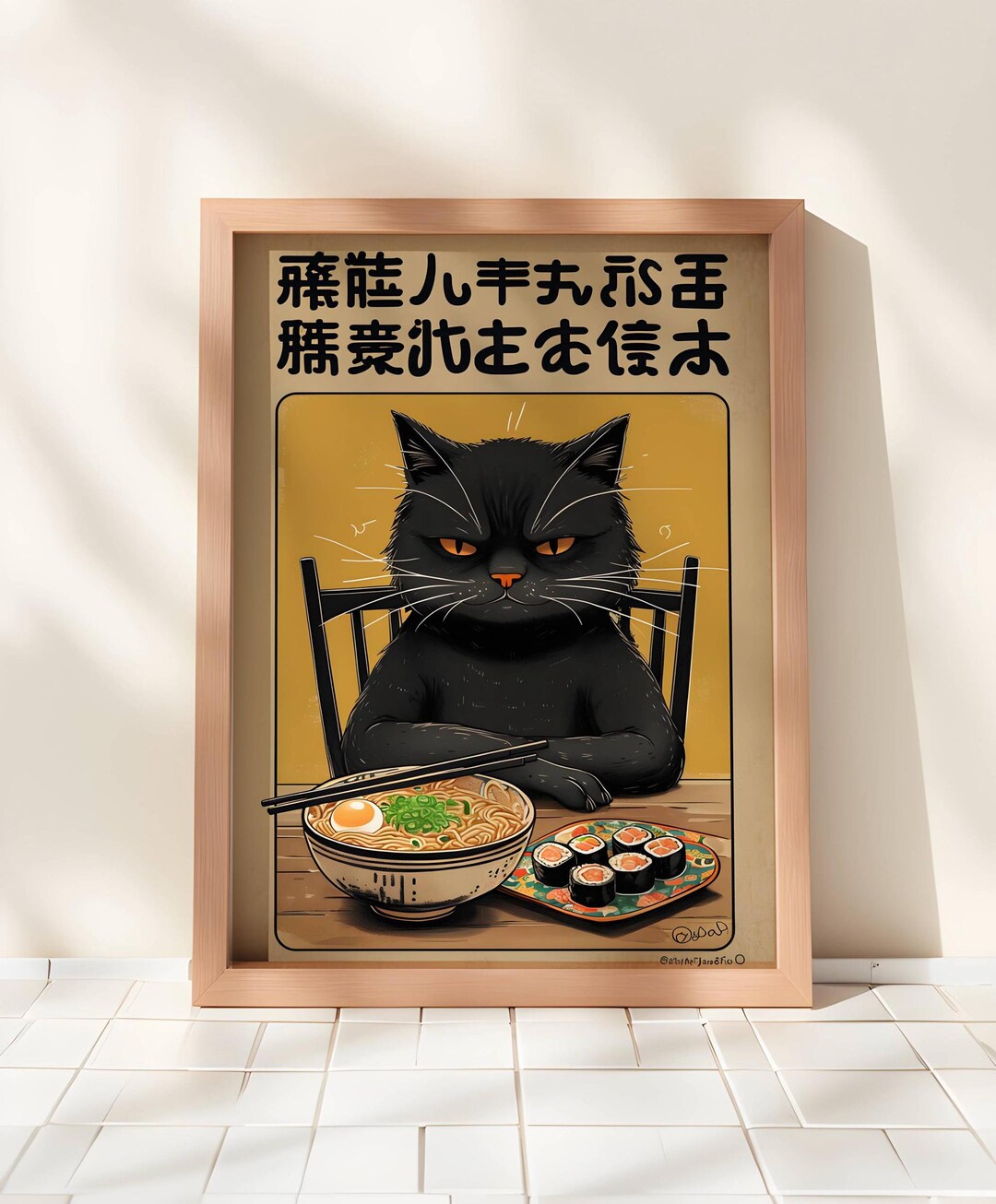 Vintage Cat Eating Ramen and Sushi Black Cat Poster, Retro Print ...