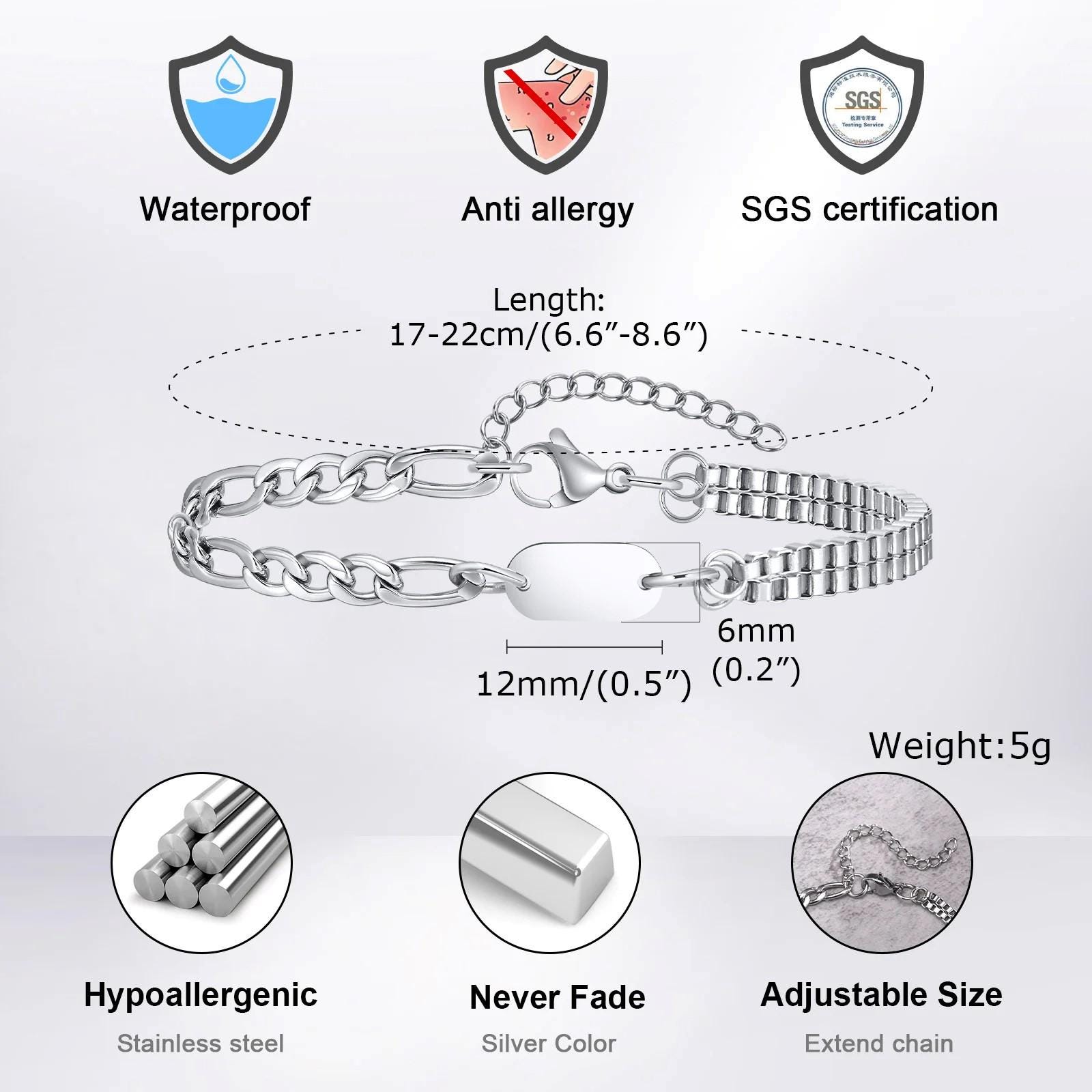 Custom Engraved Stainless Steel Chain Bracelet - Waterproof Men's ...