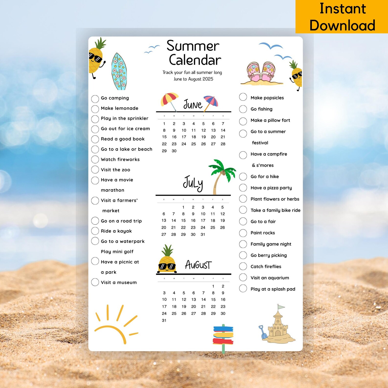 Printable Summer Activities Calendar for Kids 2025 (editable PDF ...
