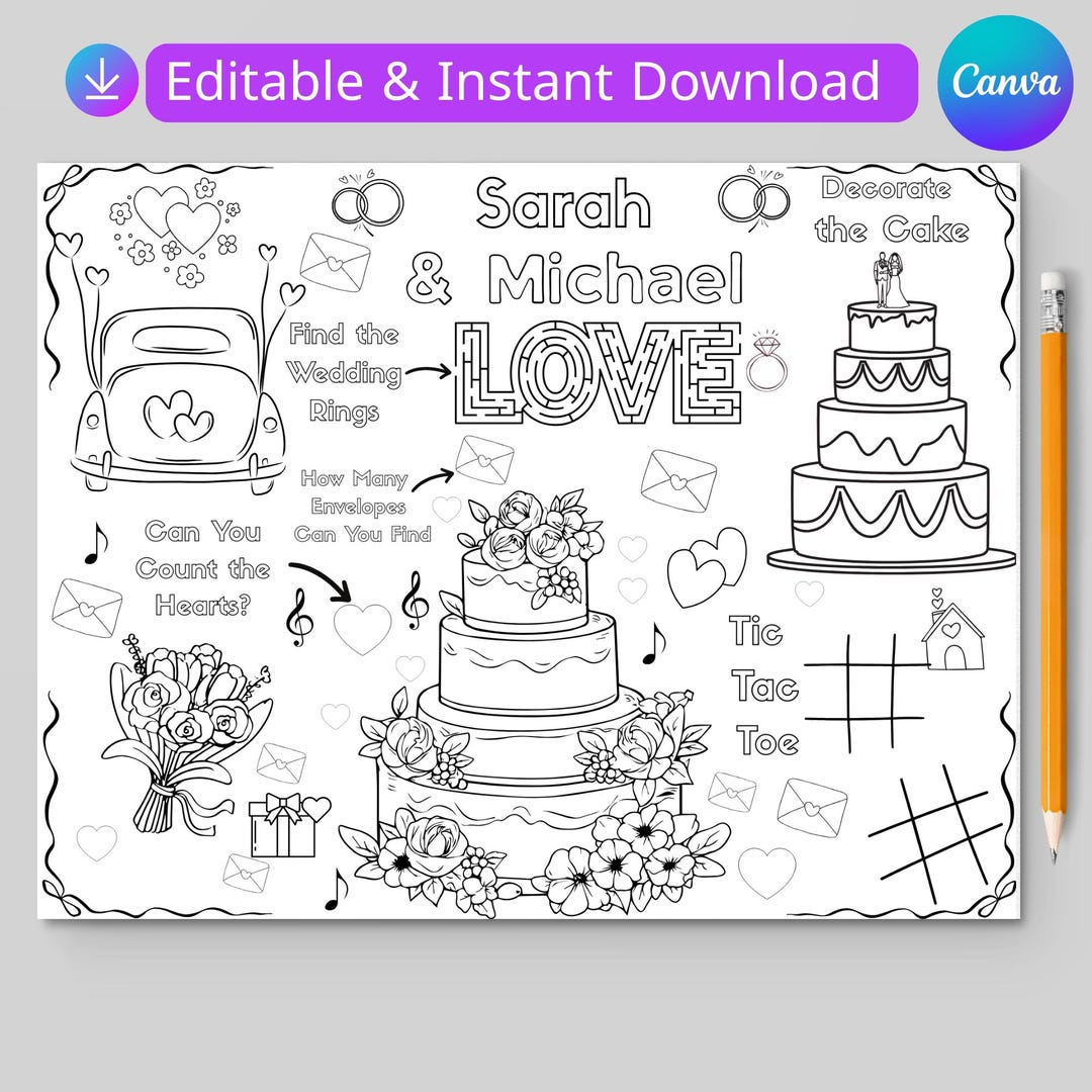 Kids Wedding Activity Placemat: Editable Coloring Sheet Canva Template ...