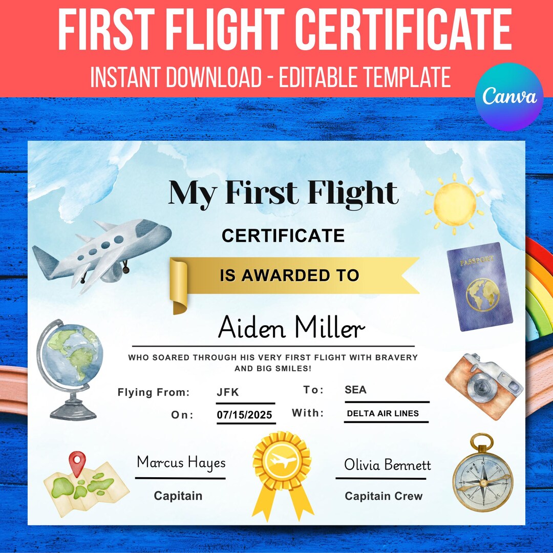 Editable First Flight Certificate: Airplane Travel Keepsake (digital ...