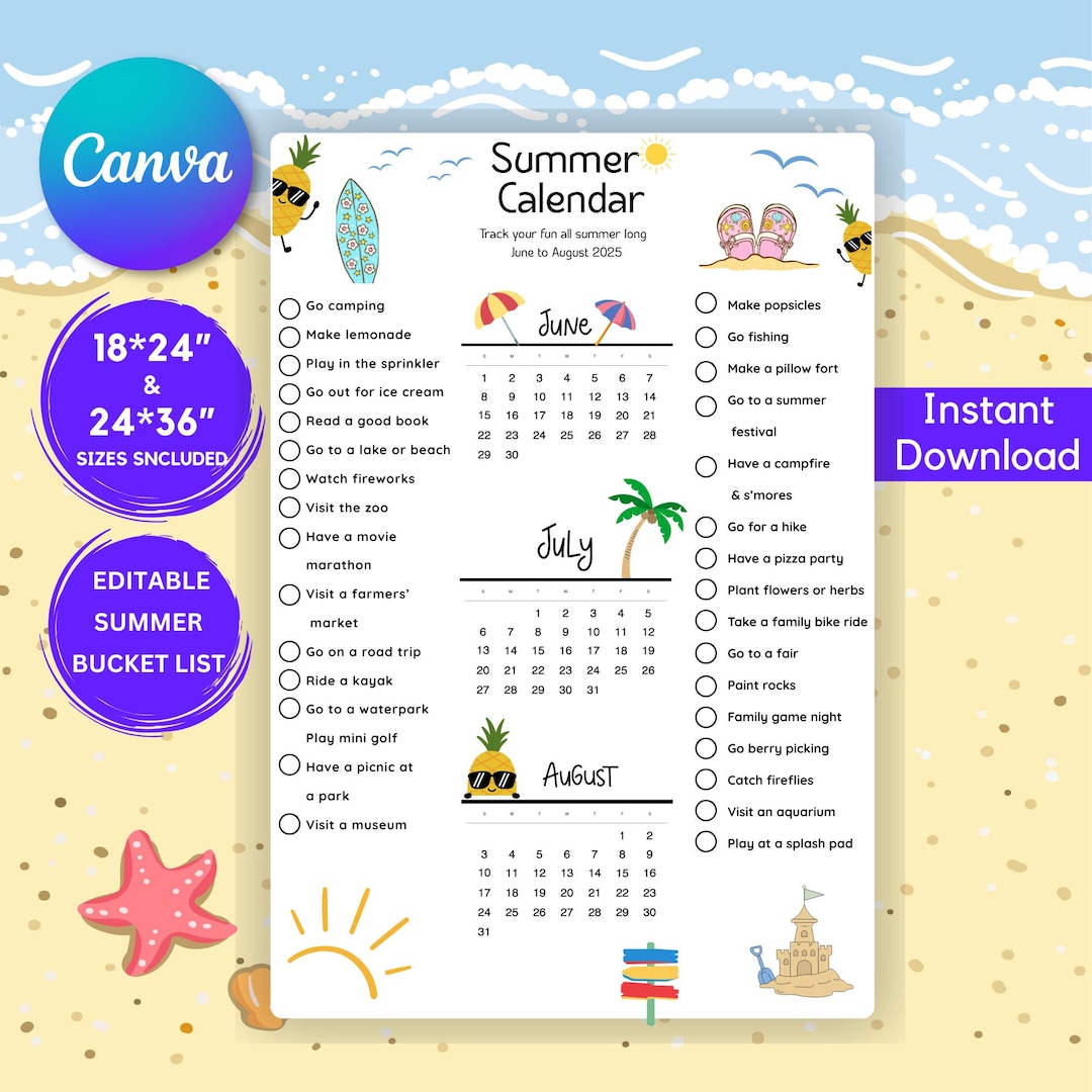 Editable Summer Calendar Poster: Family Bucket List Planner (canva ...
