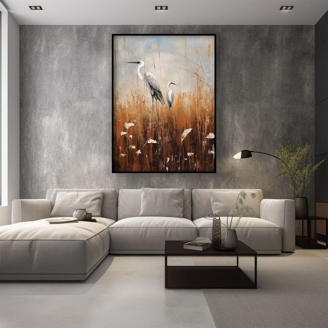 Hand-painted Reed Field Oil Painting: Nature Art, Earth Tones, Storks ...