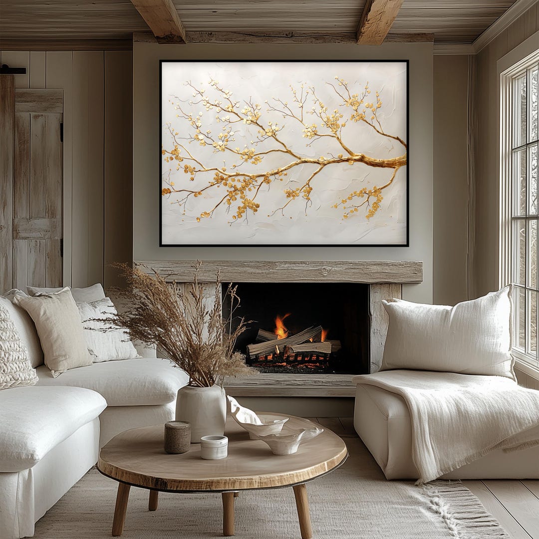 Golden Tree Branch Oil Painting, Textured Abstract Art, Modern Home ...