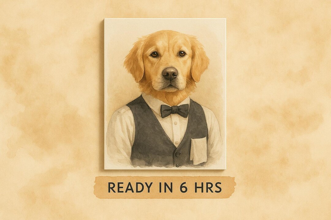 Custom Waiter Pet Portrait – Watercolor Cat Dog Painting in Bow Tie ...