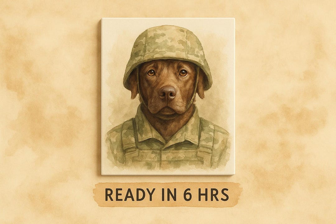 Custom Military Pet Portrait – Watercolor Cat Dog Painting in ...