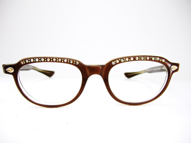 Vintage Brown Cateye Eyeglasses Eyewear With Rhinestones Frame Shelf 82