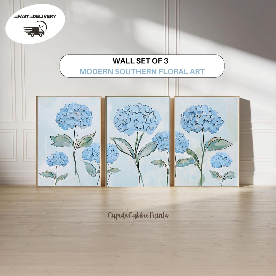 Hydrangea Prints, Modern Southern Floral Wall Art Three Piece Set ...
