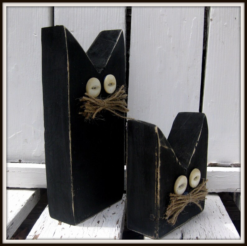 Reclaimed Wood Handmade Chunky Black Cat Set Halloween Decor Farmhouse ...