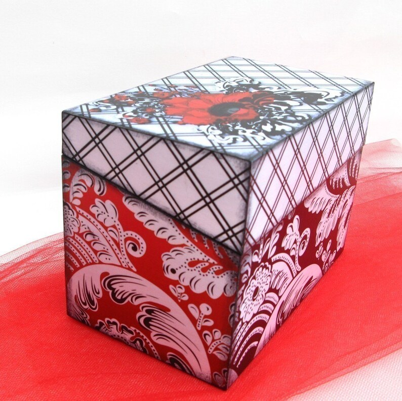 Personalized Recipe Box Black Red and White Damask Crimson - Etsy