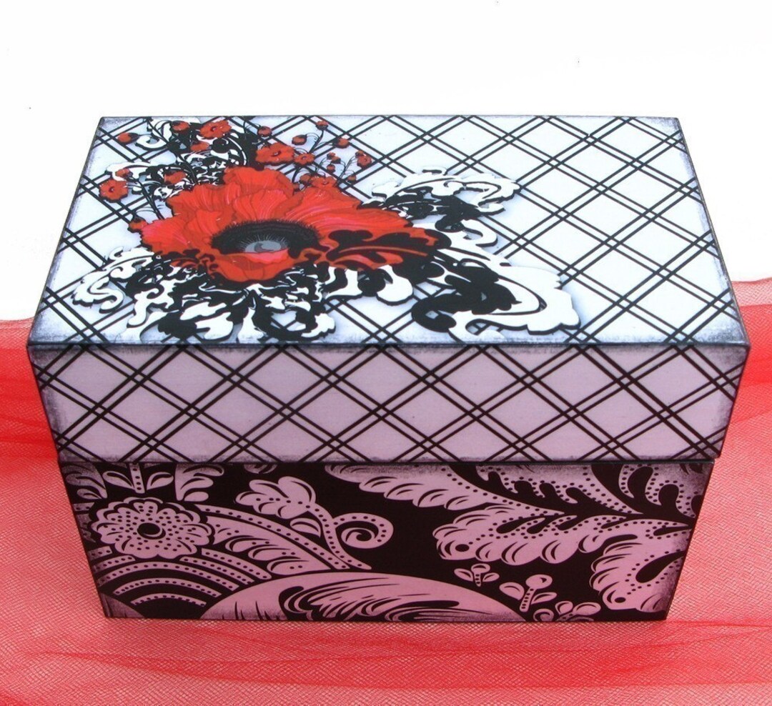 Personalized Recipe Box Black, Red and White Damask Crimson Poppies ...