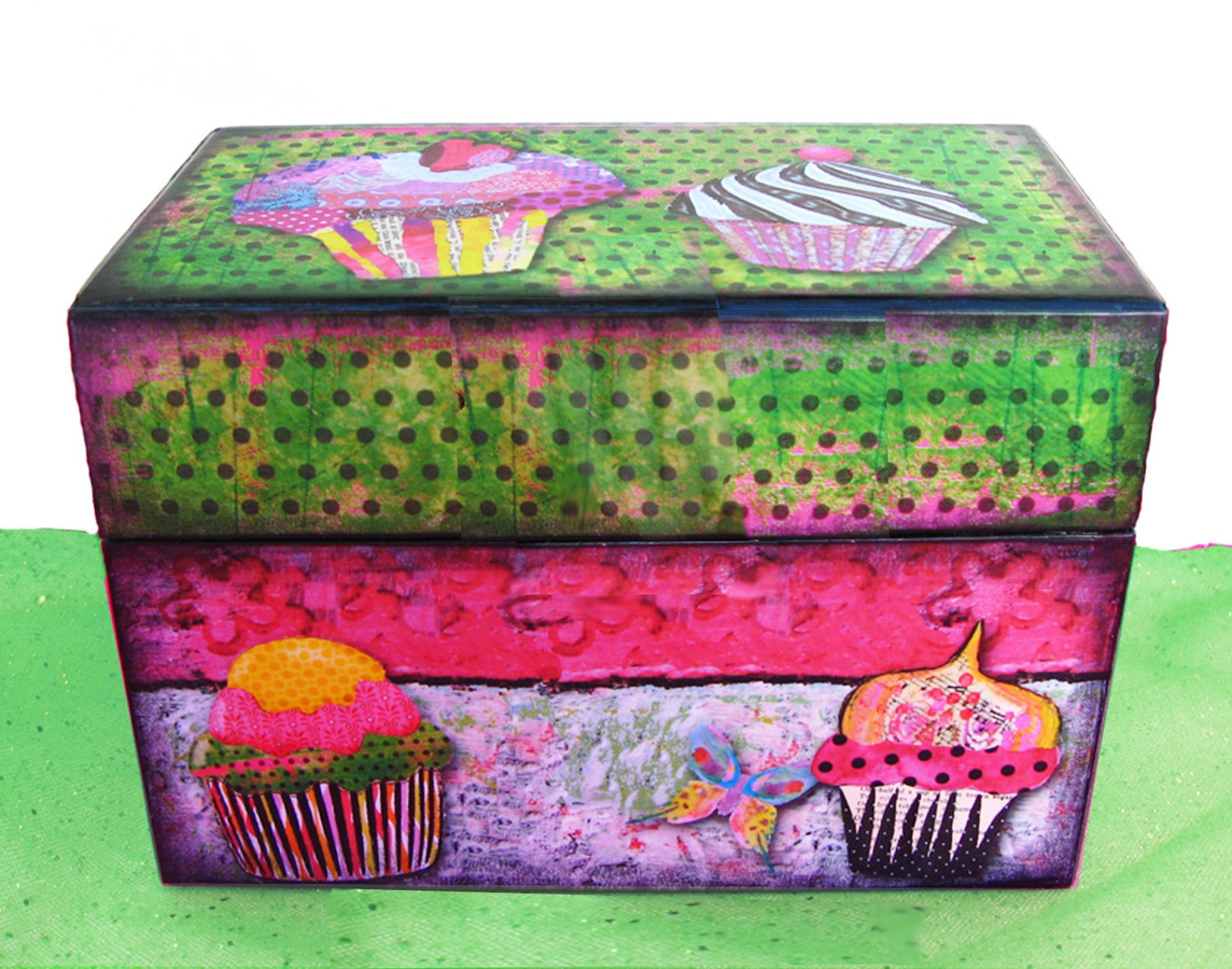Recipe Box Personalized Wooden Hot Pink and Lime Green Cupcake - Etsy