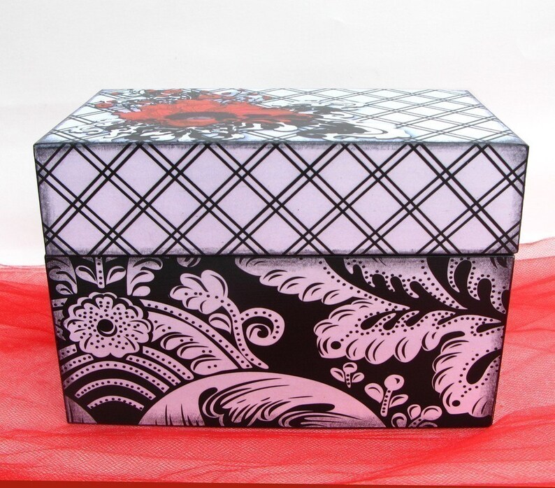 Personalized Recipe Box Black Red and White Damask Crimson - Etsy