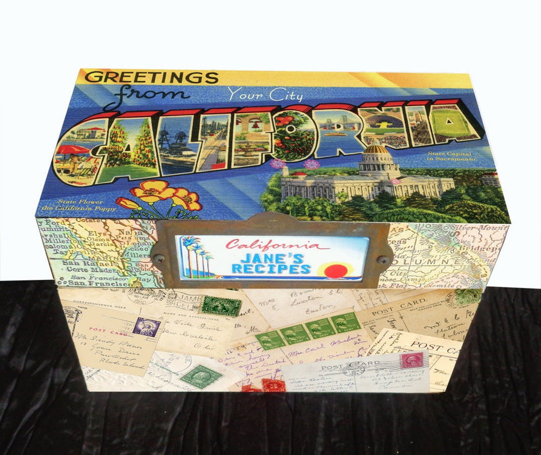 Personalized California Recipe Box Retro Postcard Customize for Any ...